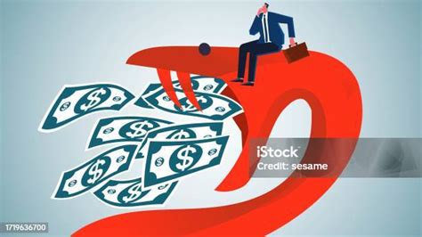 탐욕스러운 탐욕스러운 사업가 돈에 굶주린 독사가 모든 지폐를 먹는 것을 지켜보는 거대한 독사의 머리에 앉아 있는 사업가 가계에