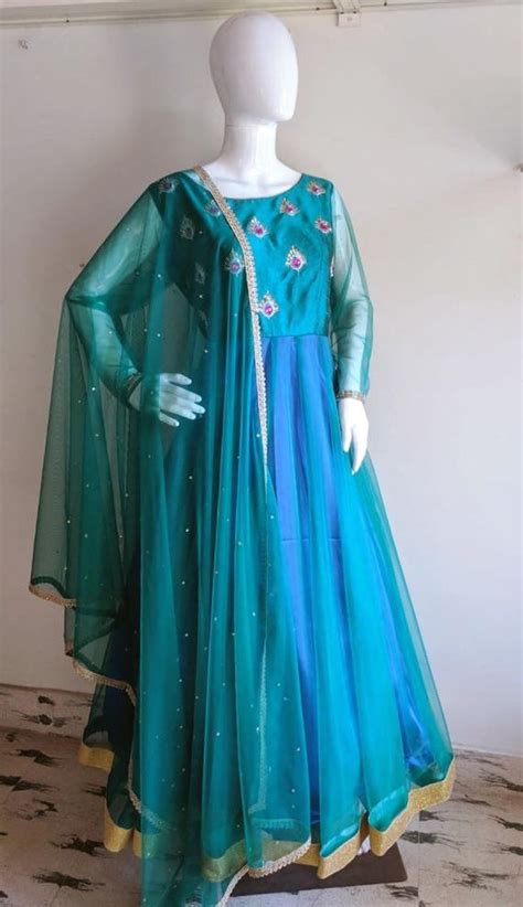 Peacock Blue Green Anarkali With Hand Embroidery Etsy Green