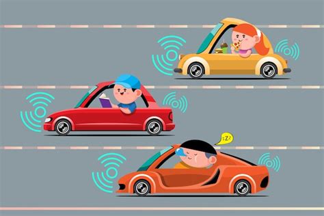 자율주행 스마트카 자동차 주변 도로를 주행하는 자동 무선센서 자율주행 스마트카 도로를 스캔하며 거리를 관찰하고 자동 제동 시스템 무료 벡터