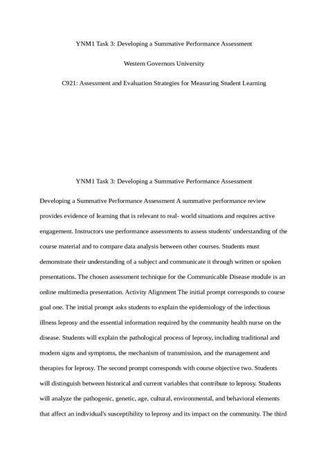 Nur 921 Ynm1 Task 3ynm1 Task 3 Developing A Summative Perfo Lecture Notes Accounting Docsity