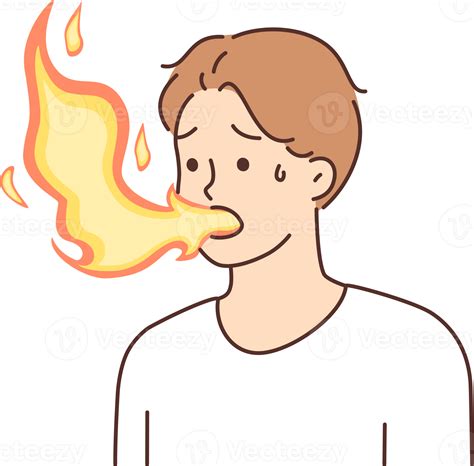 Sick Man With Flame Coming Out Of Mouth Suffers From Heartburn Due To