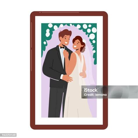 젊은 신랑과 신부가 함께 서서 웃고 포옹하는 프레임의 사진 낭만적 인 설정 꽃 녹지 액자에 대한 스톡 벡터 아트 및 기타 이미지
