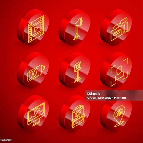 세트 라인 카메라 필름 롤 카트리지 소프트 박스의 스튜디오 전구 시네마 카메라 배터리 초점 프레임 라인 사진 보정 및 아이콘 벡터 3차원 형태에 대한 스톡 벡터 아트 및