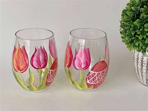 Painted Stemless Or Stemmed Wine Glasses With Tulips Easter Etsy