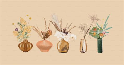 파스텔 톤의 꽃병에 꽃다발 세트 플랫 스타일의 벡터 그림입니다 미모사 노빌리스 몬스테라 튤립 넬룸보 Craspedia Miscanthus 팜파스 풀 유칼립투스의