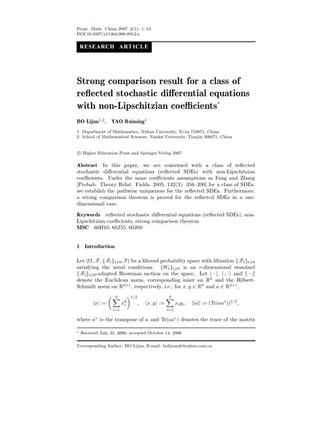 Pdf Strong Comparison Result For A Class Of Reflected Stochastic Differential Equations With