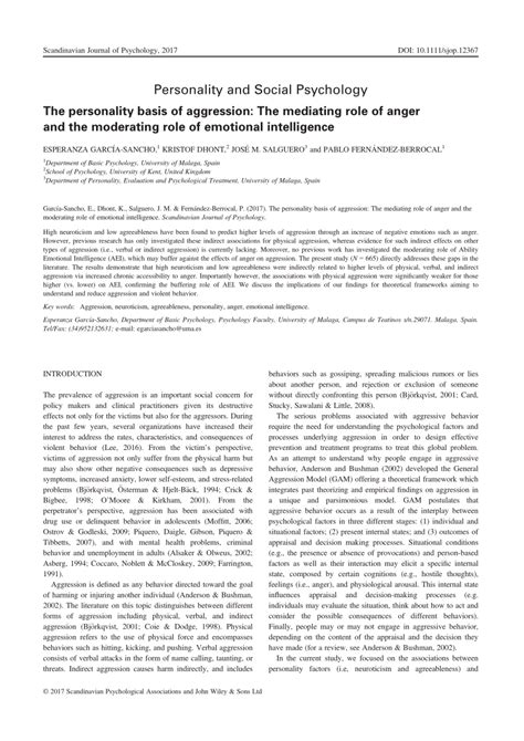 Pdf The Personality Basis Of Aggression The Mediating Role Of Anger And The Moderating Role