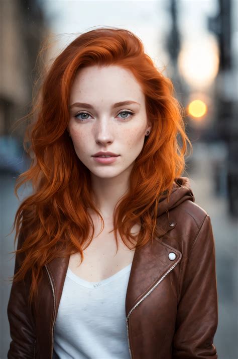 A Close Up Of A Woman With Red Hair Wearing A Leather Jacket Seaart Ai