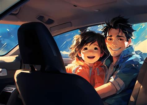 Pai E Filho Dentro De Um Carro Fazendo Uma Viagem Em Família Felicidade
