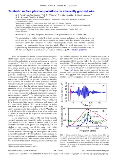 Pdf Terahertz Surface Plasmon Polaritons On A Helically Grooved Wire