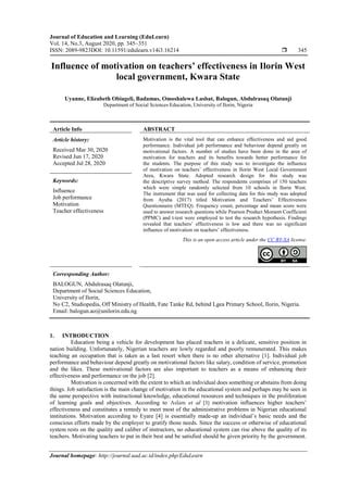 Influence of motivation on teachers’ effectiveness in Ilorin West local ...