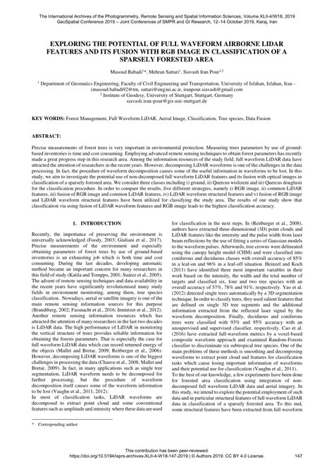 Pdf Exploring The Potential Of Full Waveform Airborne Lidar Features And Its Fusion With Rgb