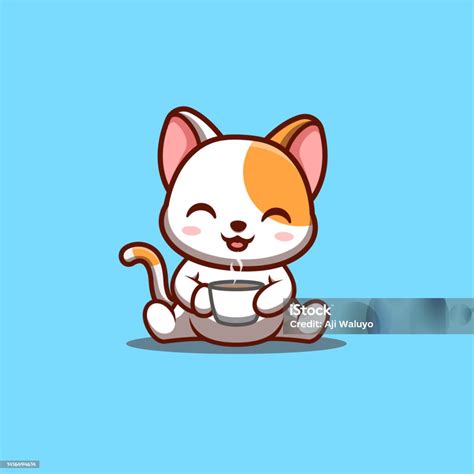 하얀 고양이 앉아있는 음료 커피 귀여운 창조적 인 카와이 만화 마스코트 로고 0명에 대한 스톡 벡터 아트 및 기타 이미지 0