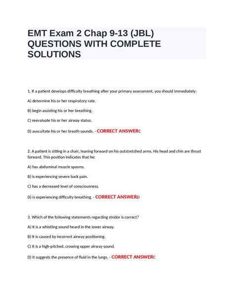 Emt Exam Chap Jbl Questions With Complete Solutions Exams Nursing Docsity