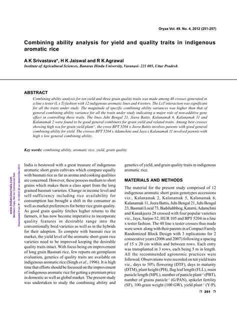 Pdf Combining Ability Analysis For Yield And Quality Traits In