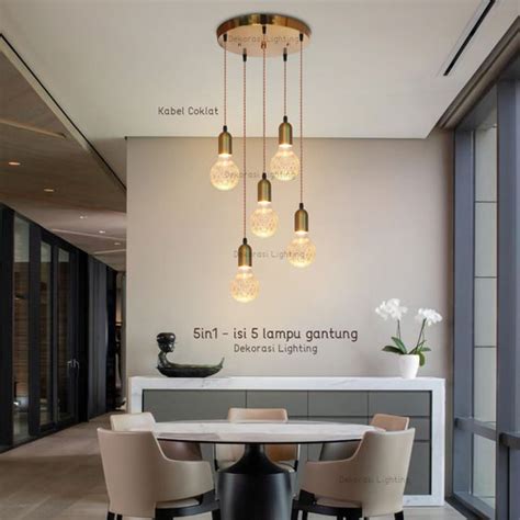 Jual Lampu Gantung Void Tangga 5in1 Gold Kaca Kristal Modern 1set