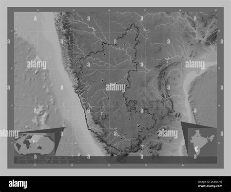 Karnataka State Of India Grayscale Elevation Map With Lakes And