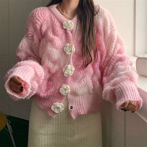 라이트 퍼플 그라데이션 장미 단추 물결 주름 여성 니트 가디건 J03