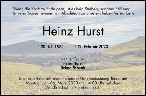 Traueranzeigen Von Heinz Hurst Trauerportal Ihrer Tageszeitung