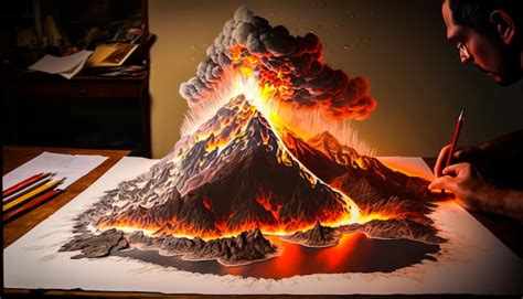 Premium Photo Man Is Drawing Volcano On Piece Of Paper Generative Ai