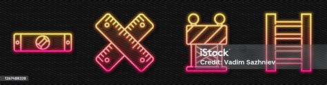 설정 라인 도로 장벽 건설 거품 수준 교차 통치자와 나무 계단 빛나는 네온 아이콘 벡터 건설 산업에 대한 스톡 벡터 아트 및