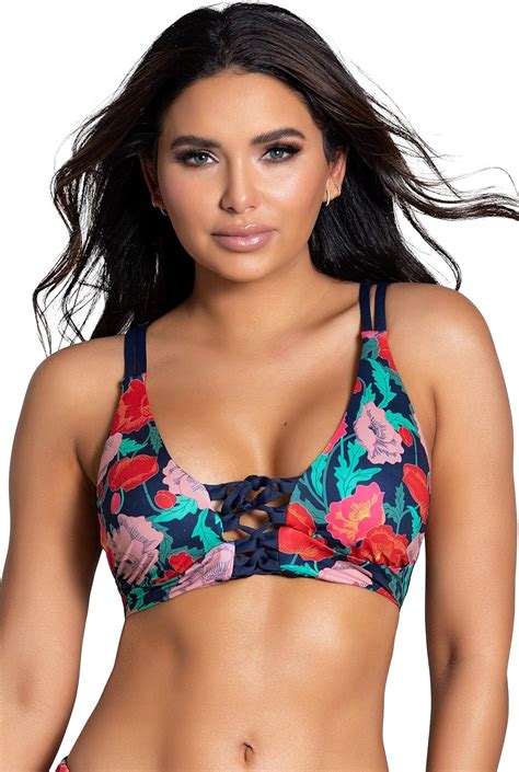Yandy Red Pink Floral Print Swimsuit Bikini Top With Lace