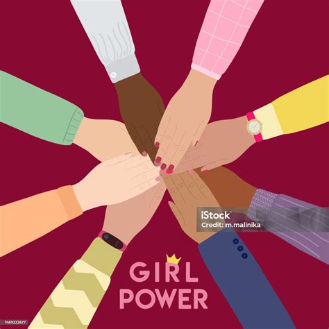 소녀의 힘 포스터 여성의 손이 함께 쌓여 있습니다 여성 권한 부여 소녀 권력 성 평등을 위한 투쟁 페미니즘 자매애 개념 손으로 그린 벡터 그림입니다 International