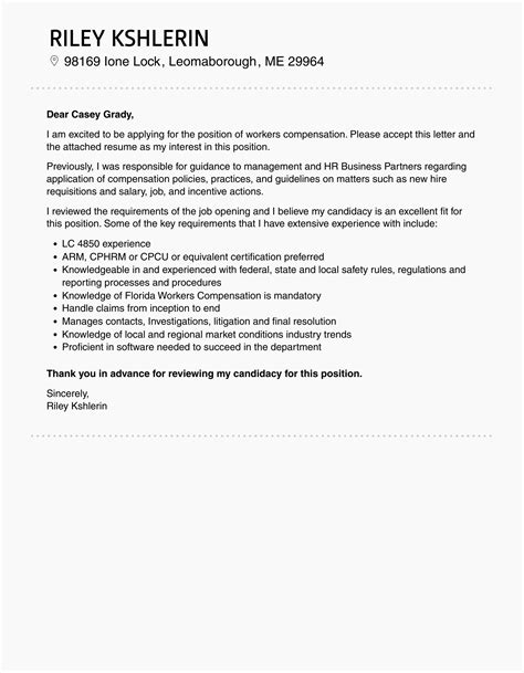 Workers Compensation Cover Letter Velvet Jobs