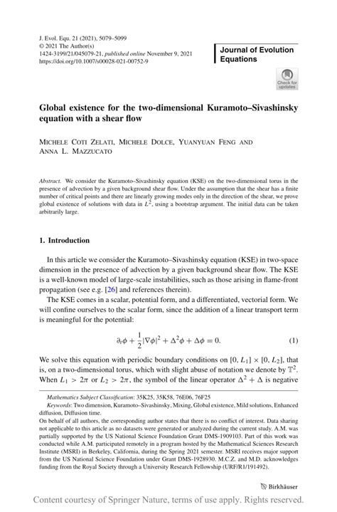 Pdf Global Existence For The Two Dimensional Kuramotosivashinsky Equation With A Shear Flow