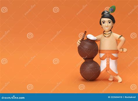 Lord Krishna Playing Bansuri Flute With A Pot Of Butter 3d Render