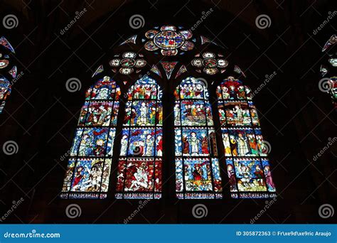 Stained Glass Window In A Gothic Cathedral Notre Dame In Strasbourg