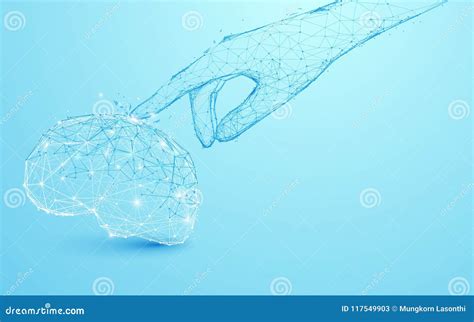 Hand Touch Brain Form Lines And Triangles Point Connecting Network On Blue Background Stock