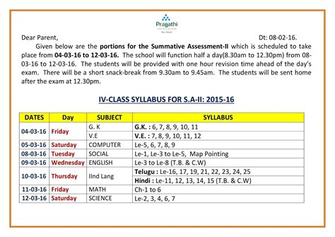 Pragathi Central School Grade 4 Time Table And Portion Of