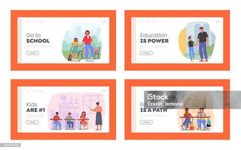 학교 아이 방문 페이지 템플릿 세트 수업에 참여하는 학생 교실에서 교사가있는 어린이 소년 또는 소녀는 책상에 앉아 개념에 대한