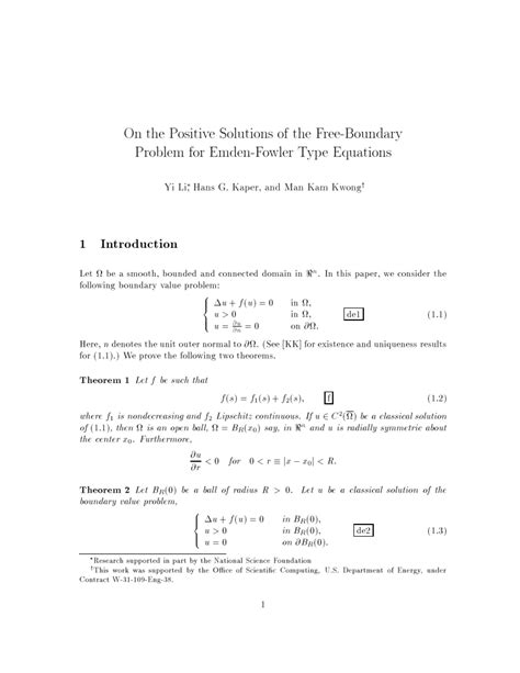Pdf On The Positive Solutions Of The Free Boundary Problem For Emden