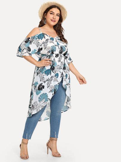 Plus Jungle Print Cold Shoulder Overlap Blouse