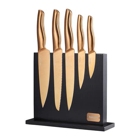 Hecef Kitchen Knife Block Set Of 6 Stylish Rose Gold Titanium Plated Hollow Handle Knives Ash