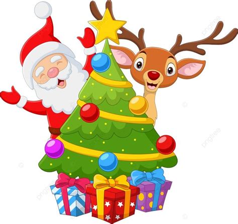 Feliz Santa Claus Con Renos En Un árbol De Navidad Y Regalos PNG