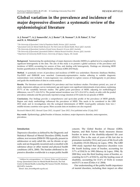Pdf Global Variation In The Prevalence And Incidence Of Major Depressive Disorder A