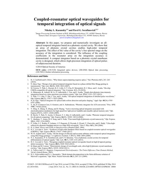 Pdf Coupled Resonator Optical Waveguides For Temporal Integration Of