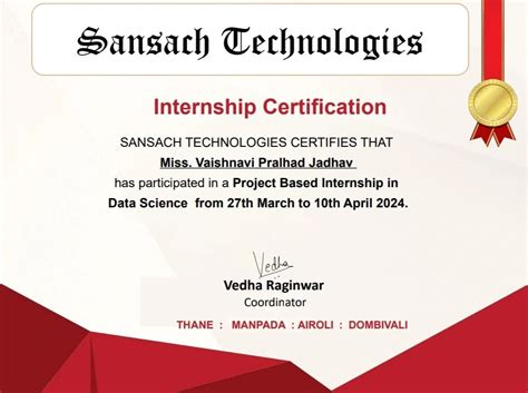 Vaishnavi Jadhav On Linkedin Datascience Internship Sansachtechnologies