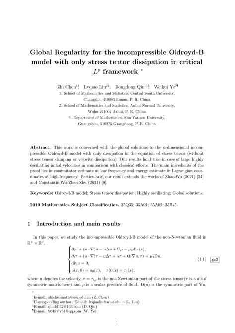 Pdf Global Regularity For The Incompressible Oldroyd B Model With Only Stress Tentor