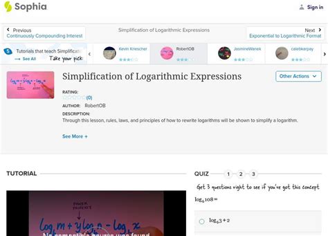 sophia simplification of logarithmic expressions lesson 2