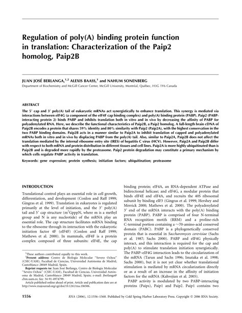 Pdf Regulation Of Polya Binding Protein Function In Translation Characterization Of The