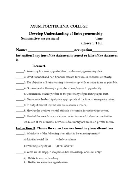 Axum Polytechnic College Pdf Entrepreneurship Leadership