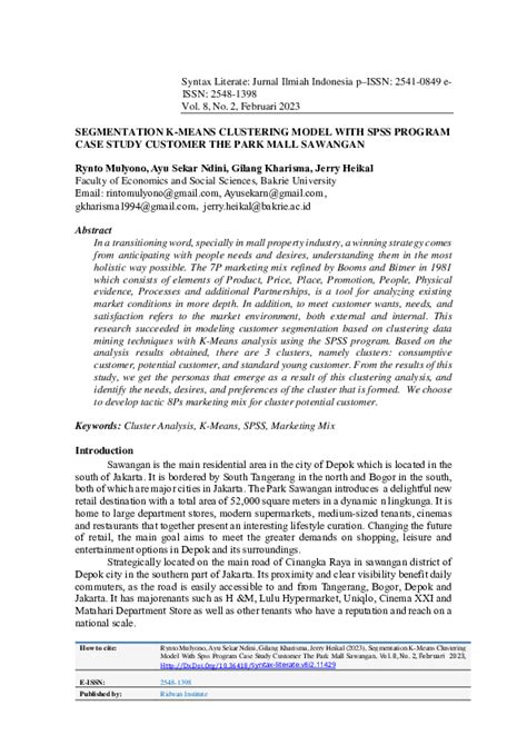Pdf Segmentation K Means Clustering Model With Spss Program Case