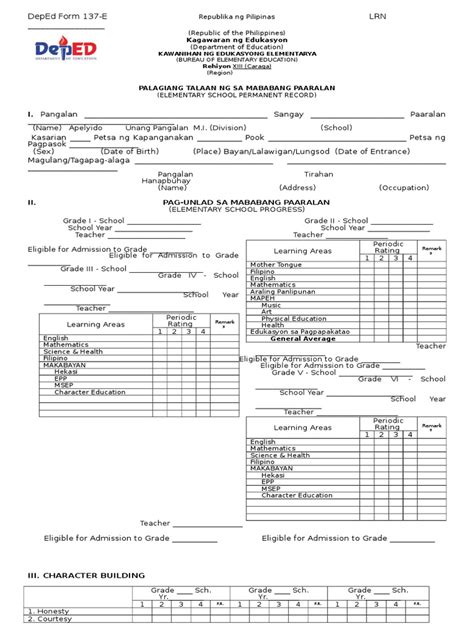 Deped Form 137 E With Logo And Lrn Pdf Behavior Modification Learning