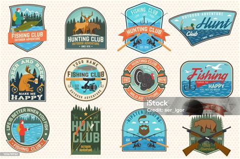 낚시 및 사냥 클럽 패치 세트 셔츠 인쇄 패치에 대한 벡터 개념 사냥 총 사냥꾼 물고기 막대 어부 강 숲 패치 야외 낚시 및 사냥 클럽 엠블럼 로고에 대한 스톡 벡터 아트