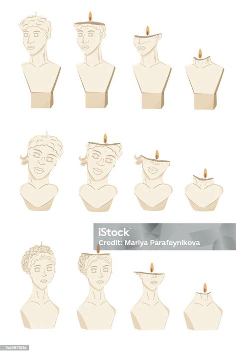 골동품 동상의 벡터 이미지입니다 촛불 형태의 골동품 동상의 머리를 가진 현대 미술 왁스 양초의 그림입니다 촛불의 불꽃 개체 그룹에 대한 스톡 벡터 아트 및 기타 이미지
