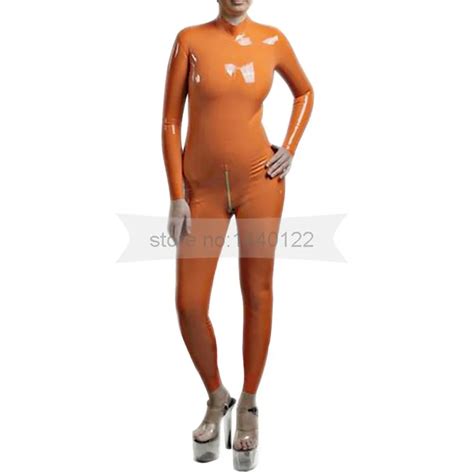 Orange Color Rubber Latex Female Catsuit With Back Zip Tight Jumpsuit